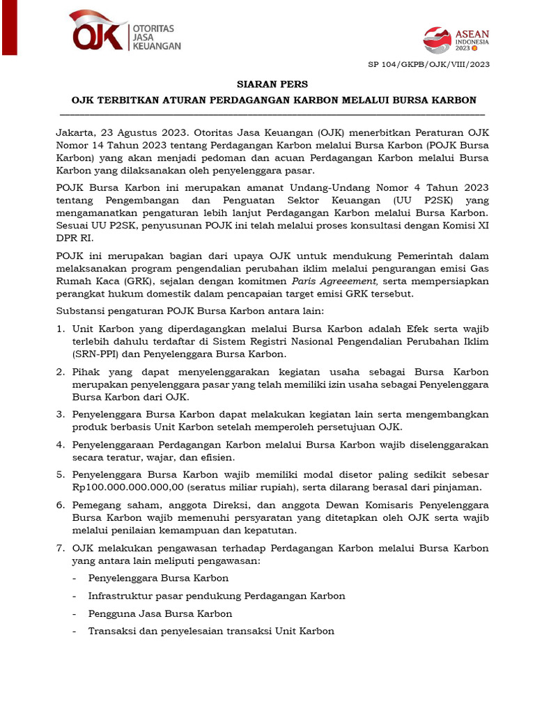 SP Ojk Terbitkan Aturan Perdagangan Karbon Melalui Bursa Karbon | PDF