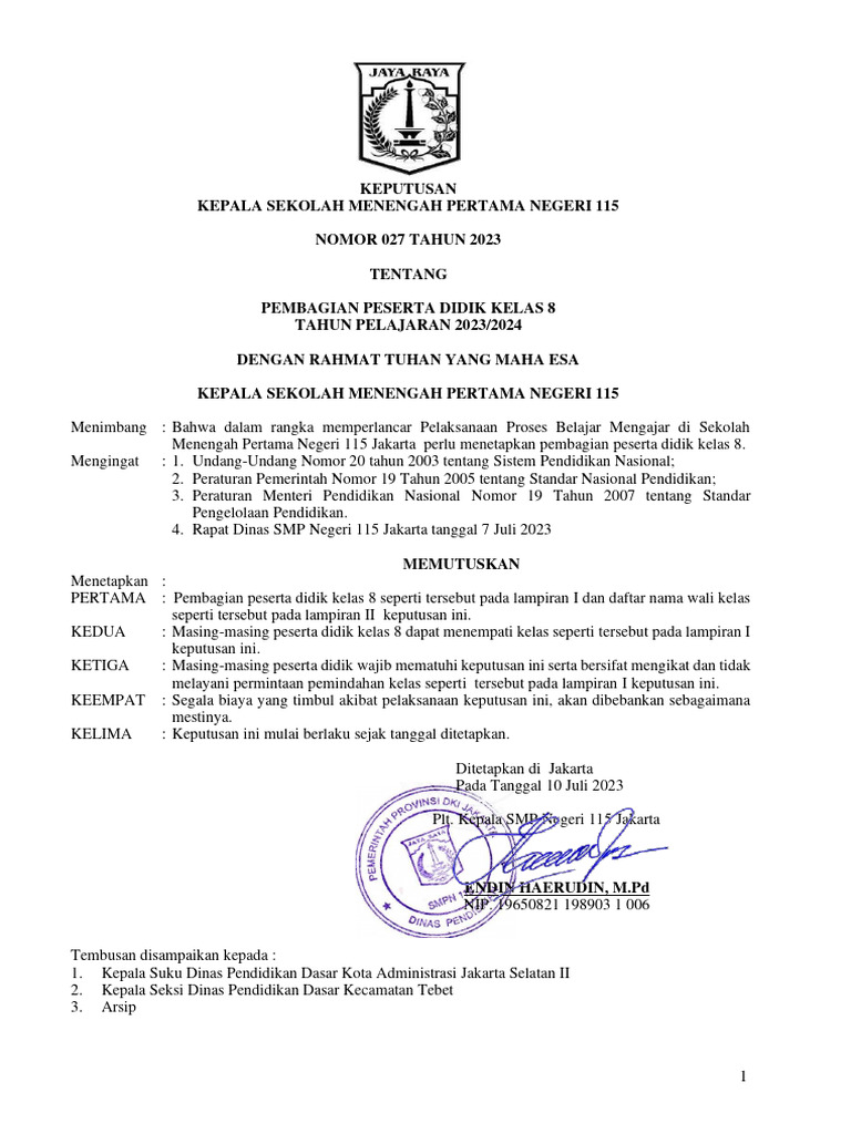 SK Pembagian Kelas 8 Tahun 2023-2024 | PDF