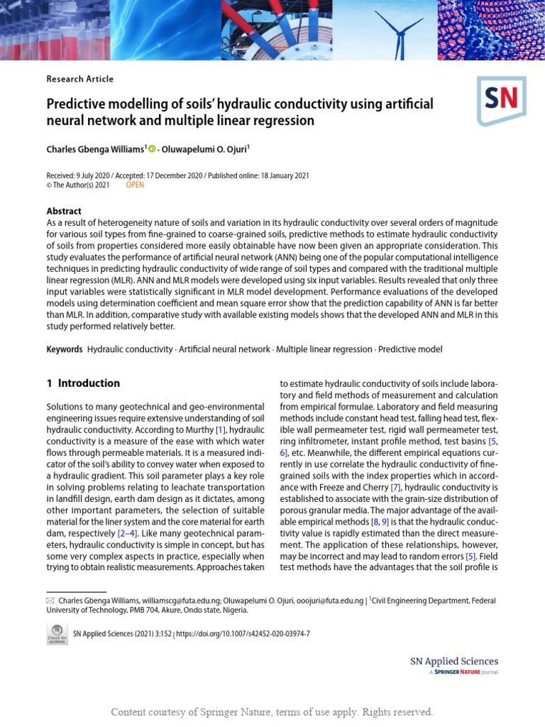 Predictive modelling of soils’ hydraulic conductivity using artificial neural network and ...