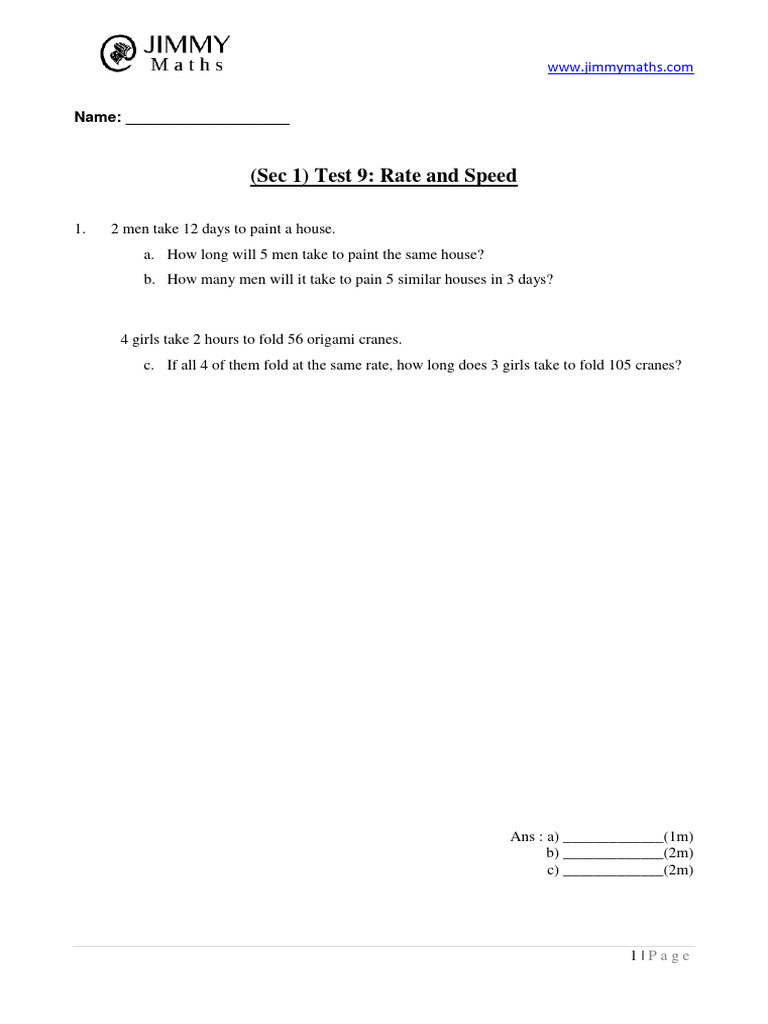 Sec 1 Test 9 Rate and Speed | PDF | Speed | Transport