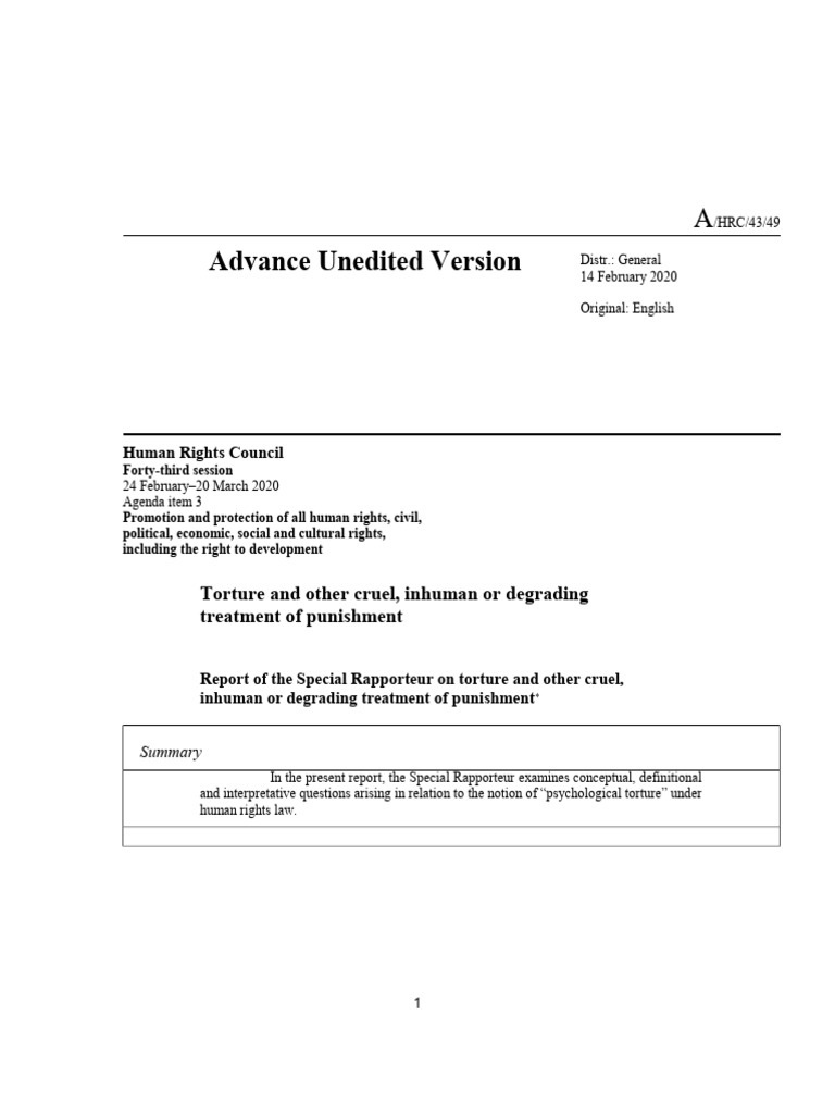 N Melzer United Nations Report On Psychological Torture Pdf Torture