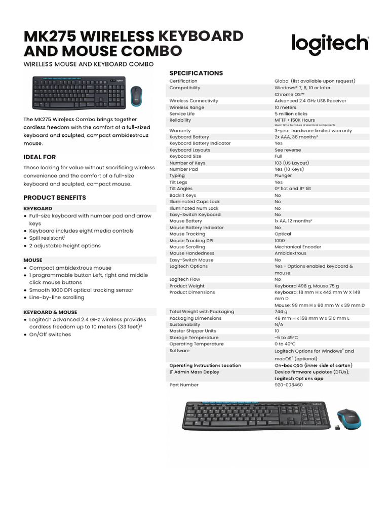 mk275 Wireless Combo Data Sheet | PDF | Computer Keyboard | Computing