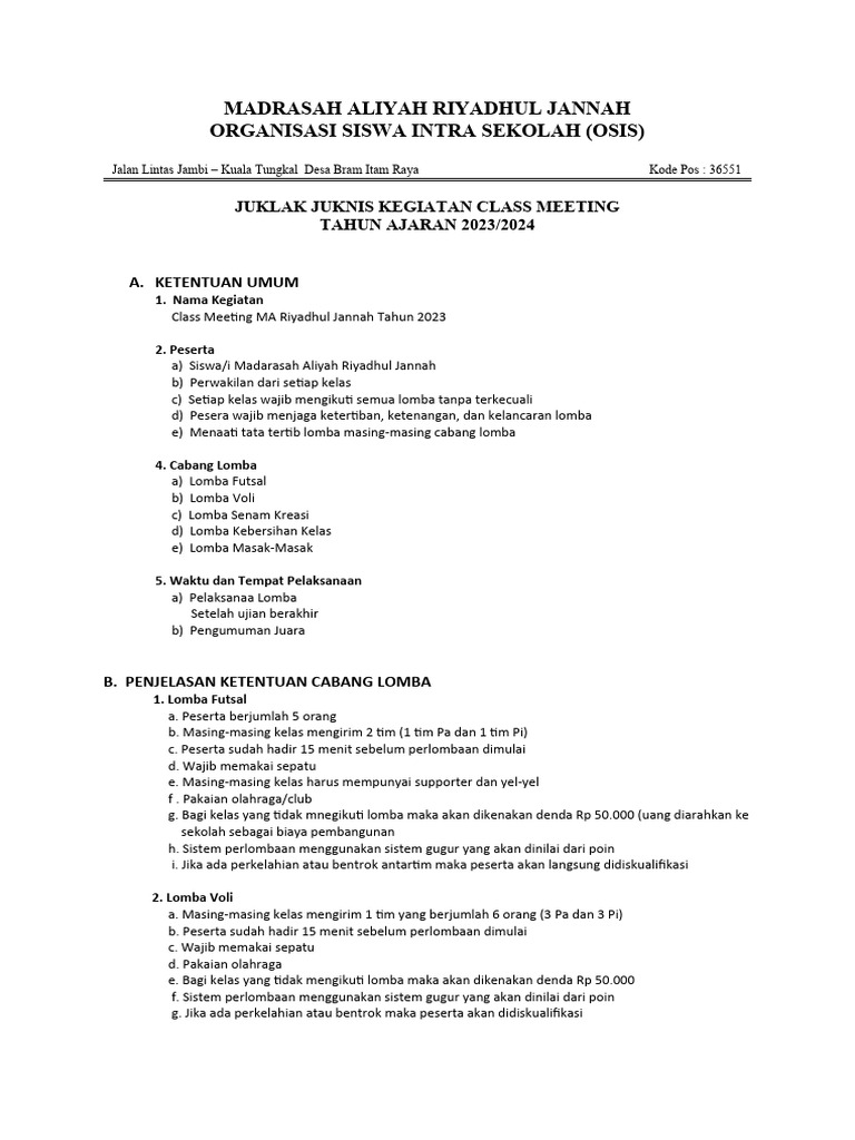 Juklak Juknis Class Meeting 2023 Smt.1 | PDF