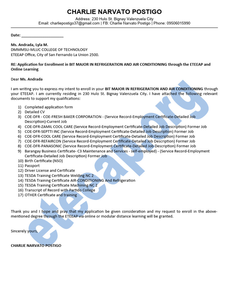 ETEEAP Enrollment Intent: Charlie Narvato | PDF