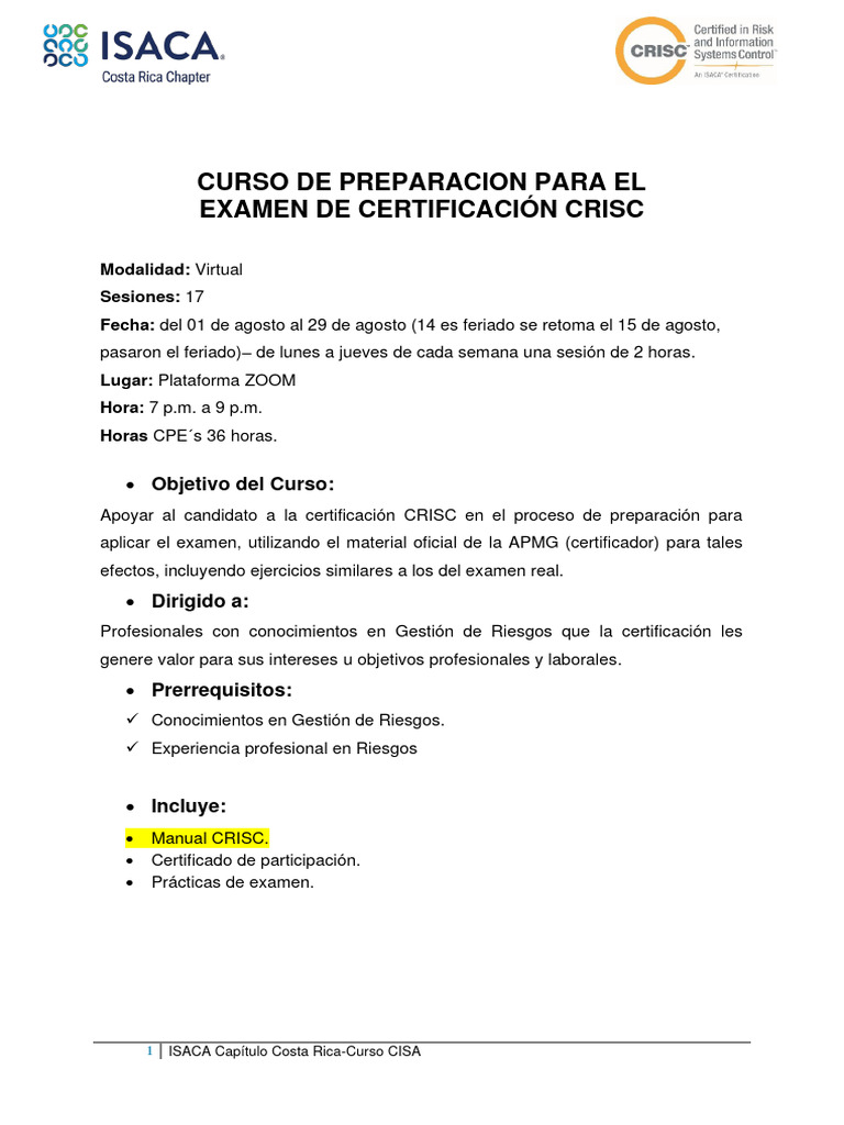 Curso de Preparacion para El Examen CRISC 2023 | PDF | Economias ... Curso de Preparacion para El Examen CRISC 2023 | PDF | Economias ...