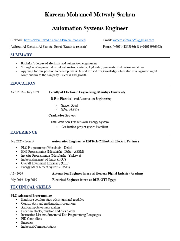 Kareem Mohamed Resume | PDF | Programmable Logic Controller | Automation