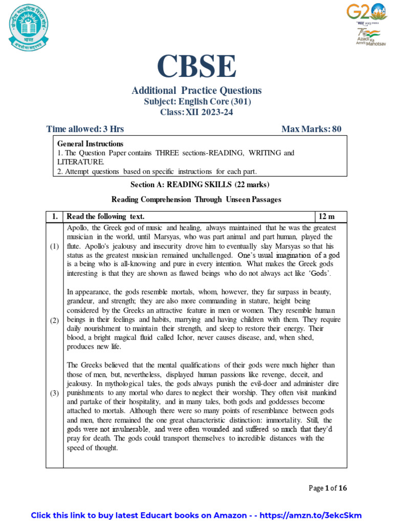 Class XII English Core-PQ Set 1 | PDF | Apollo | Deities