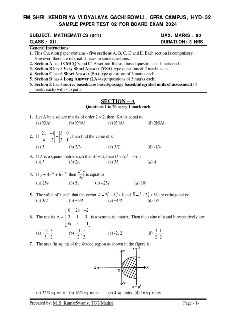 Maths Class Xii Sample Paper Test 02 For Board Exam 2024 | PDF ... Maths Class Xii Sample Paper Test 02 For Board Exam 2024 | PDF ...