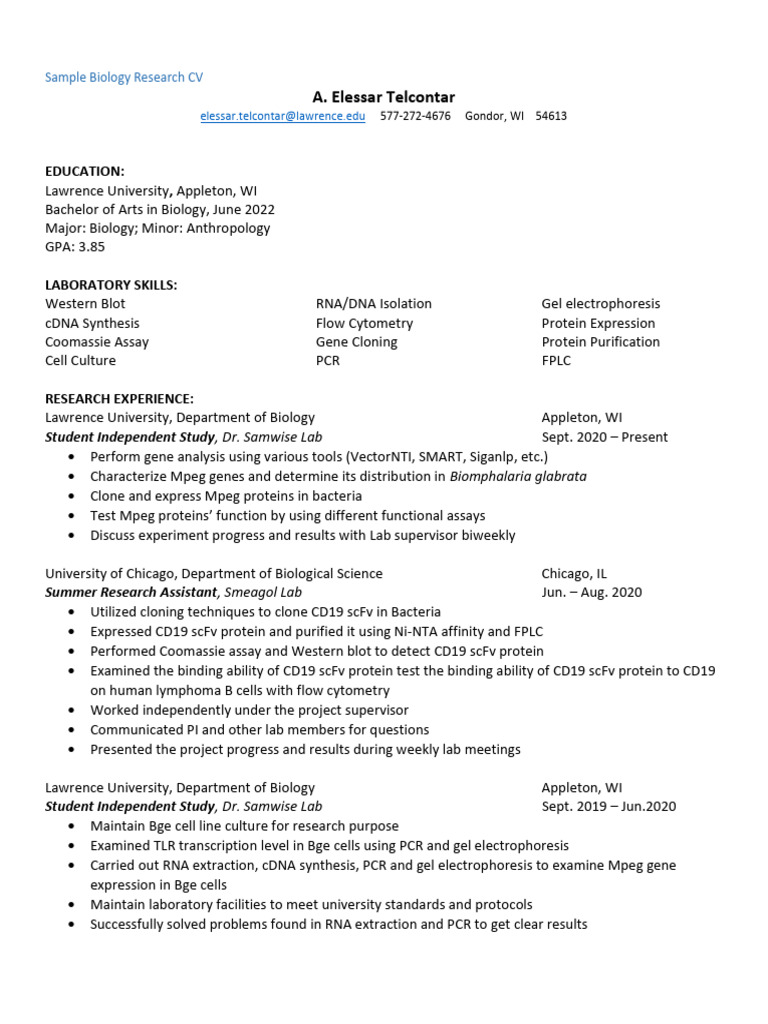 Sample Biology Research CV | PDF | Proteins | Polymerase Chain Reaction