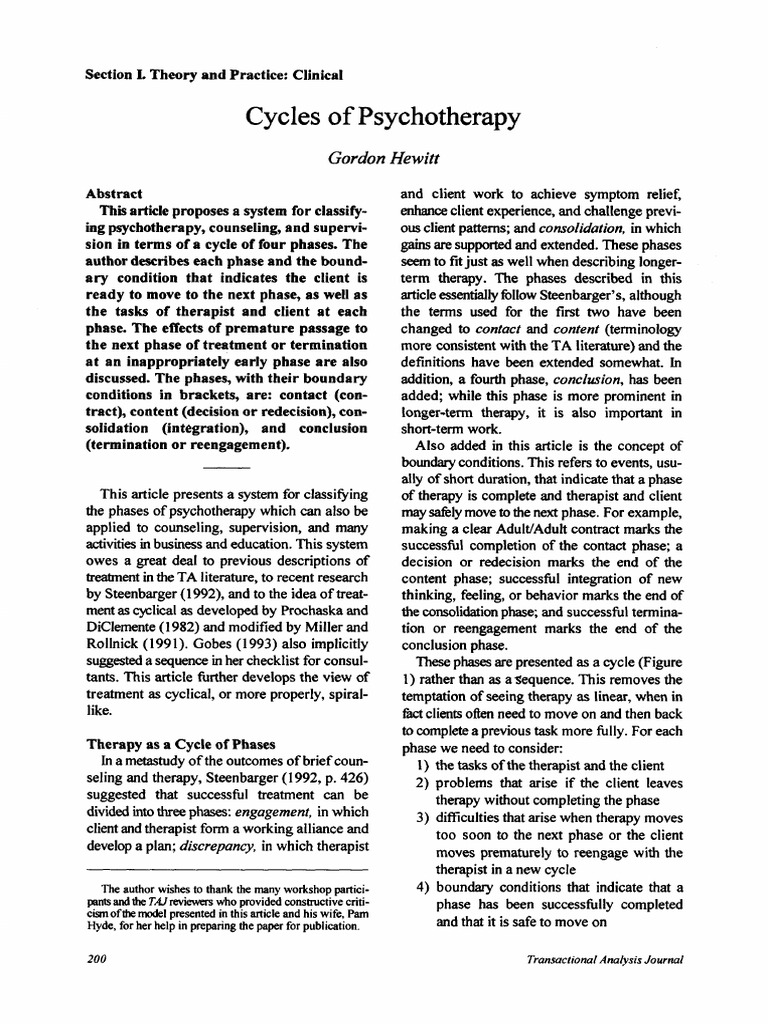 Hewitt - 1995 - Cycles of Psychotherapy | PDF | Psychotherapy | Therapy