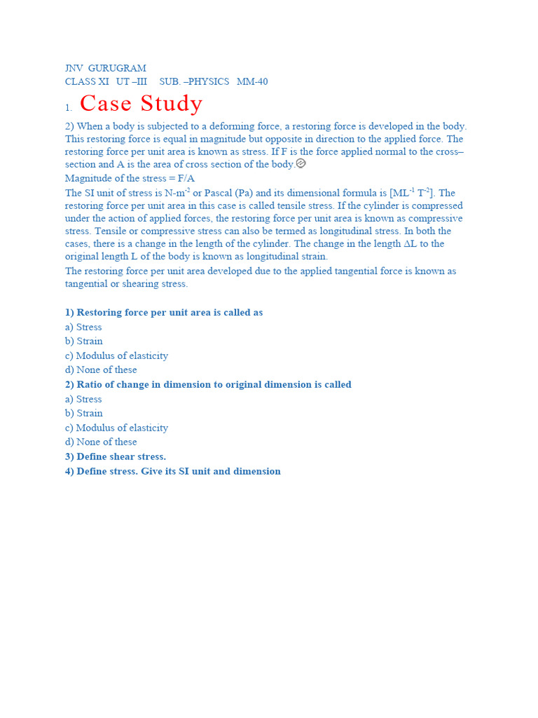 Xi Ut-3 Physics | PDF | Stress (Mechanics) | Surface Tension