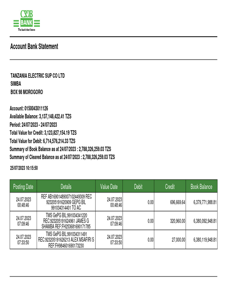 Account Bank Statement: Posting Date Details Value Date Debit Credit ...