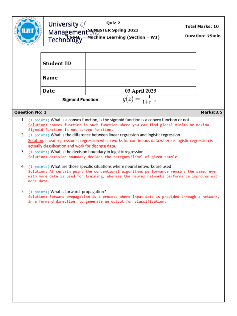 Quiz 2 Solution | PDF | Artificial Neural Network | Statistical Classification