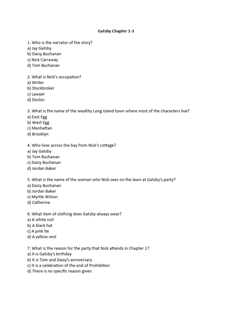 Gatsby Chapter 1-3quiz | Download Free PDF | The Great Gatsby | Novels