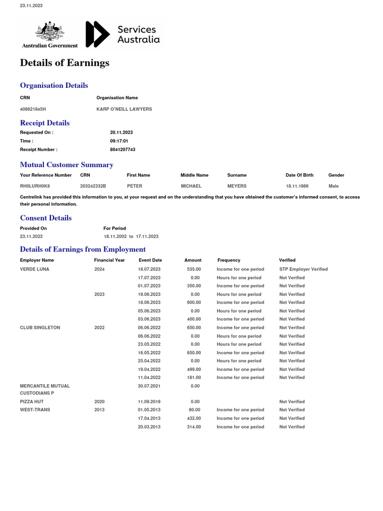 Centrelink Earnings Report for Carers | PDF