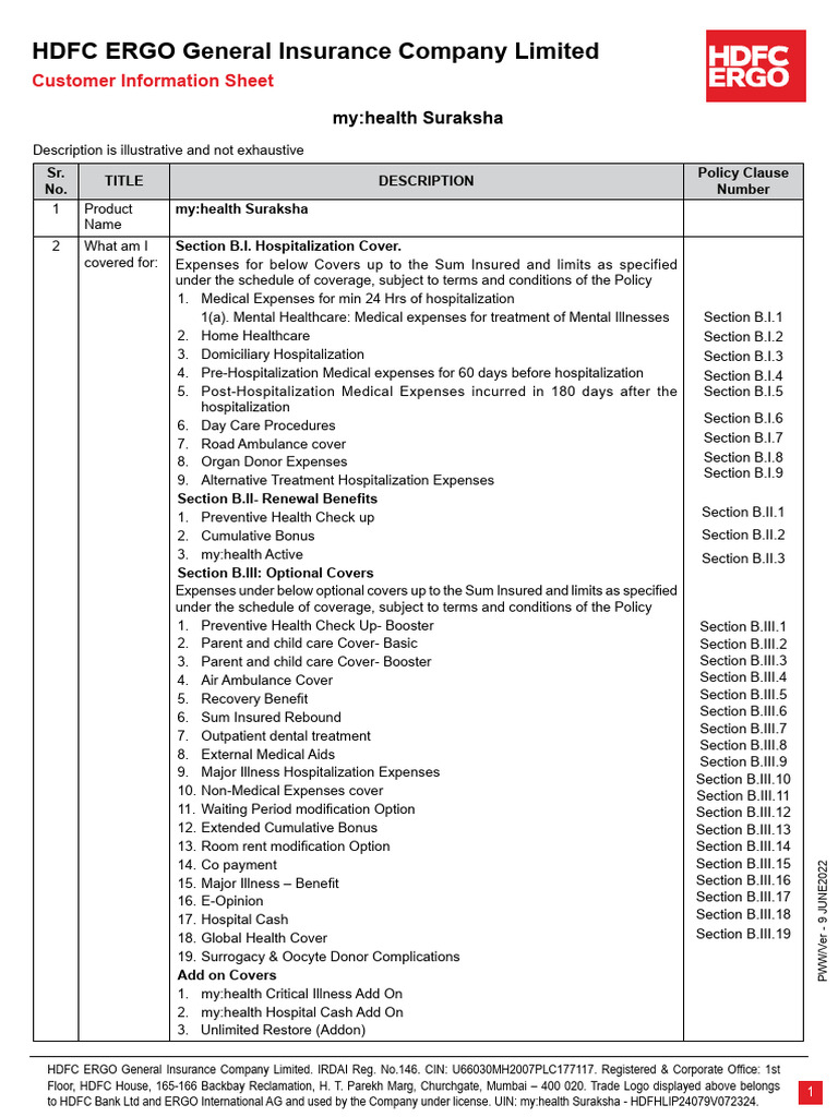 My:Health Suraksha Policy Overview | PDF | Hospital | Health Care