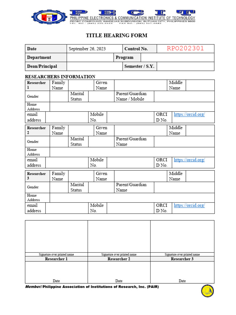 Title Hearing Form: Date Control No. Department Program Dean/Principal ...