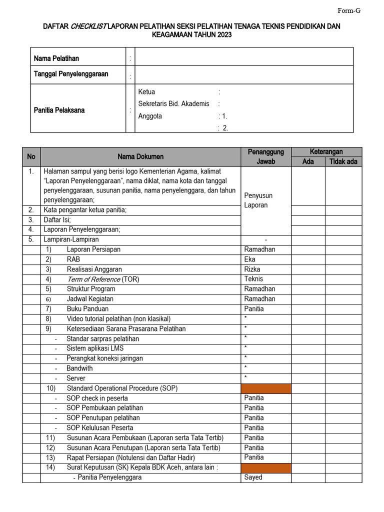 Checklist Laporan Pelatihan Teknis 2023 | PDF