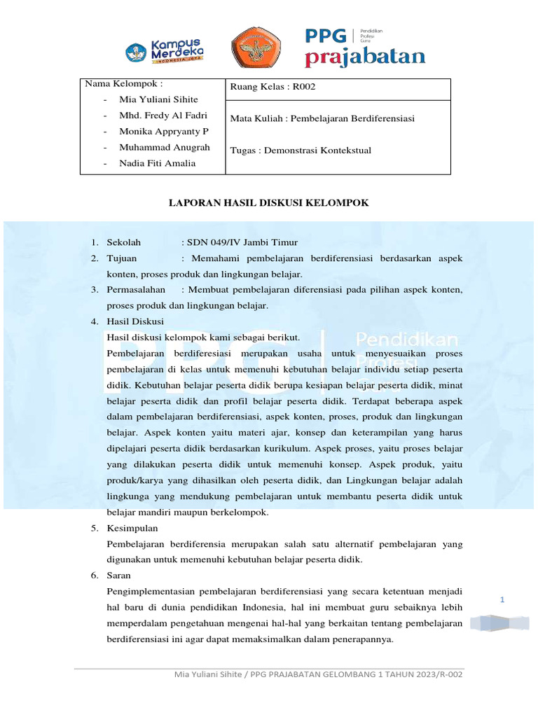 Topik 2 - Demonstrasi Kontekstual - Laporan Hasil Diskusi Pembelajaran Berdiferensiasi | PDF