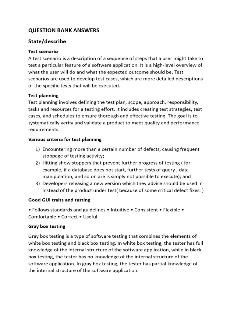 Software Testing QUESTION BANK ANSWERS | PDF | Software Testing | Usability Software Testing QUESTION BANK ANSWERS | PDF | Software Testing | Usability