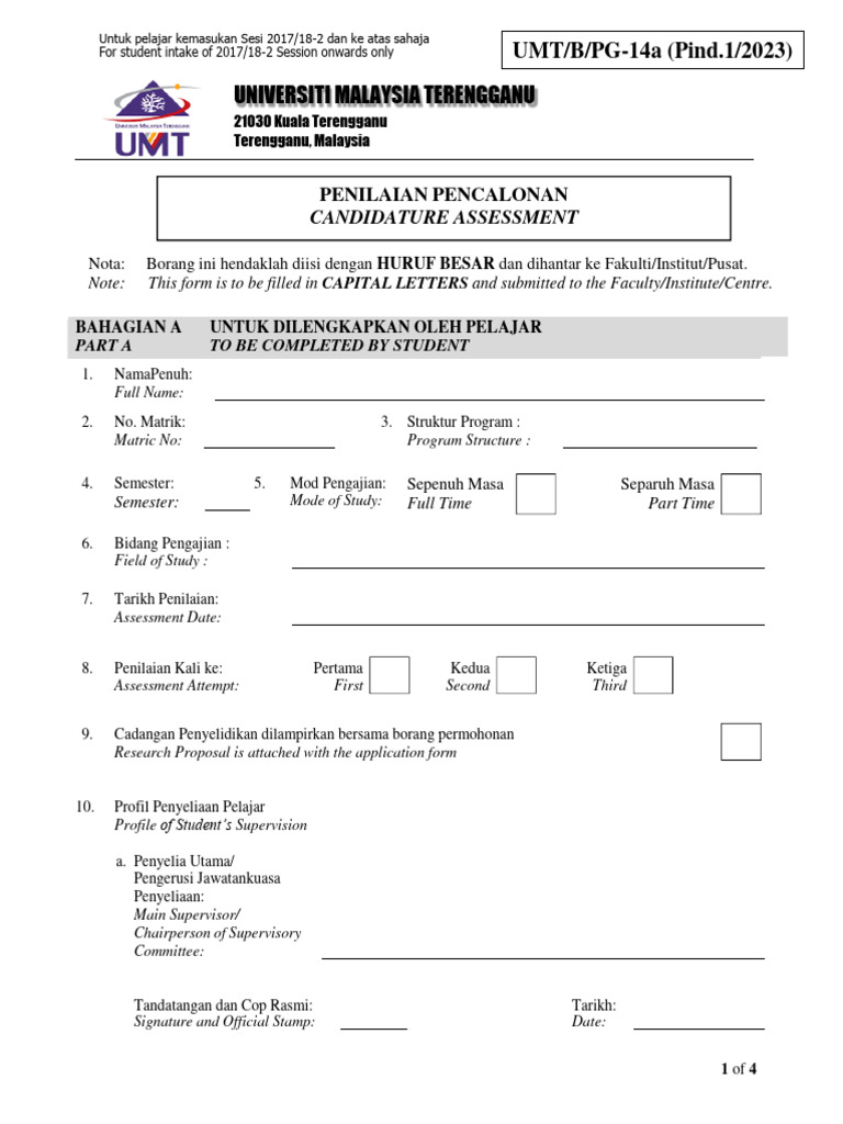 UMT B PG 14a Penilaian Pencalonan Candidature Assessment Edit 21022023 2 1 SUDAH EDIT 27 | PDF ...
