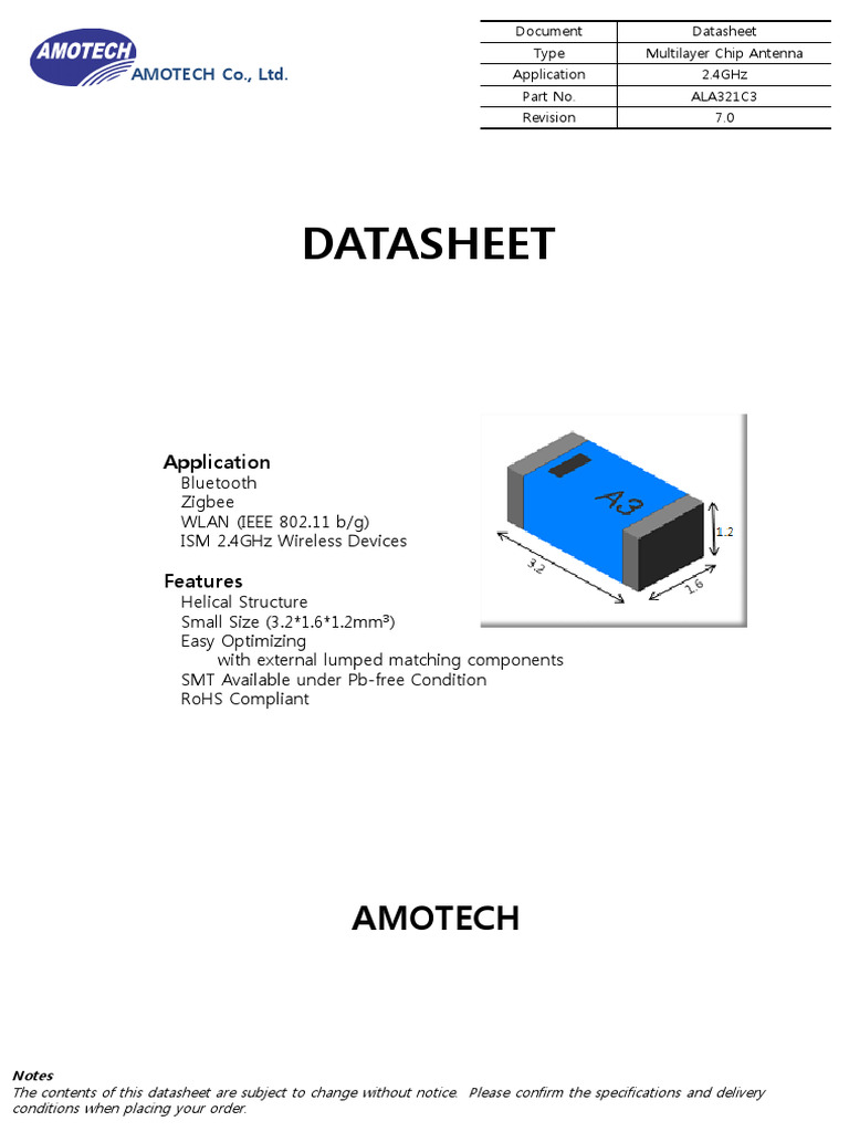 Amotech-datasheet-chipantenna-2.4GHz-ALA321C3 | PDF | Printed Circuit Board | Antenna (Radio)