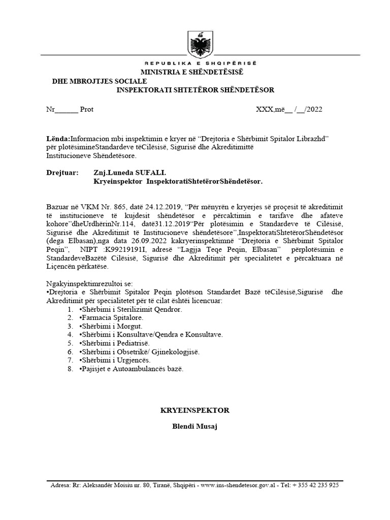 Format Raportim Akreditimi Drejtoria e Sherbimit Spitalor Peqin | PDF