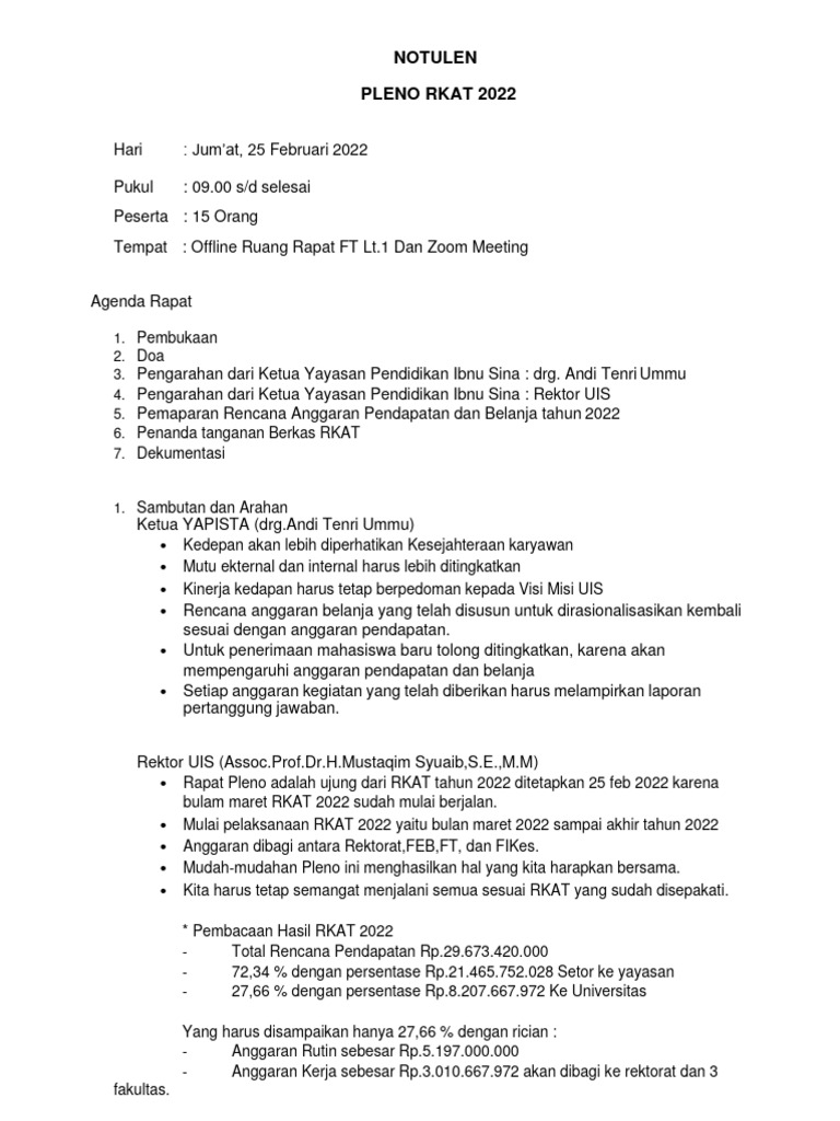 Notulen Rapat Pleno RKAT 2022 | PDF