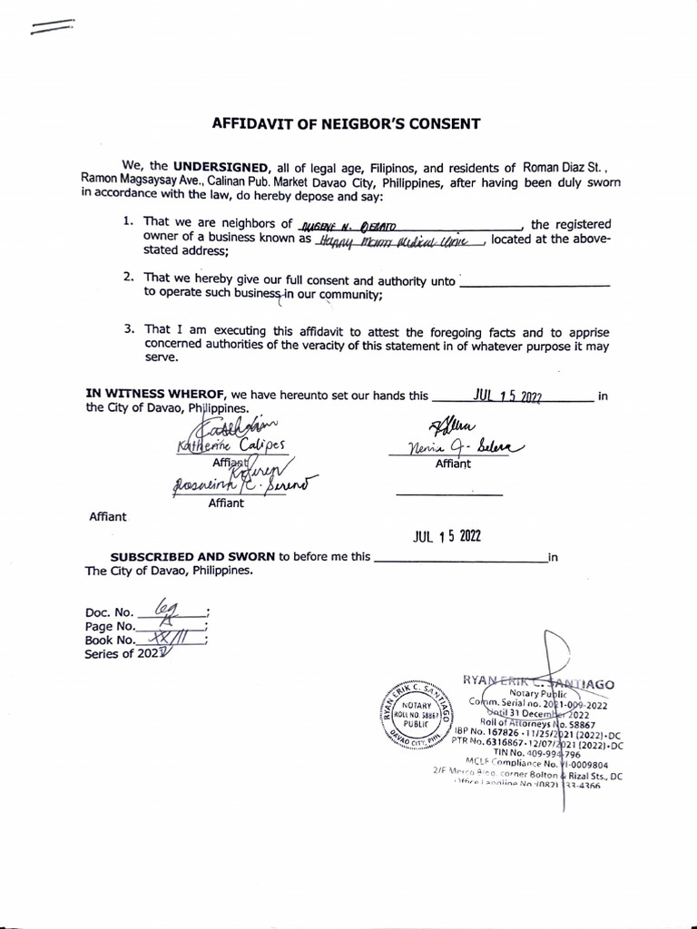 AFFIDAVIT OF NEIGHBOR's CONSENT | PDF | Affidavit | Evidence