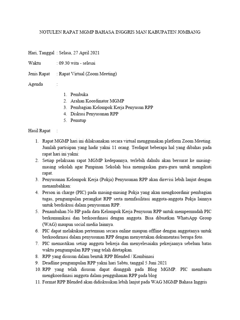 Notulen Rapat MGMP Bahasa Inggris Jombang | PDF | Karier & Perkembangan ...
