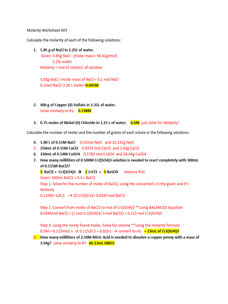 Molarity Worksheet Key | PDF | Teaching Methods & Materials