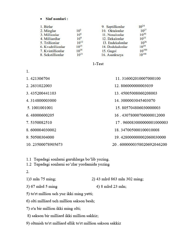 5-Sinf Test Natural Son Va Nol | PDF