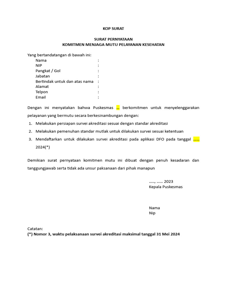 Surat Pernyataan Komitmen Mutu Puskesmas | PDF