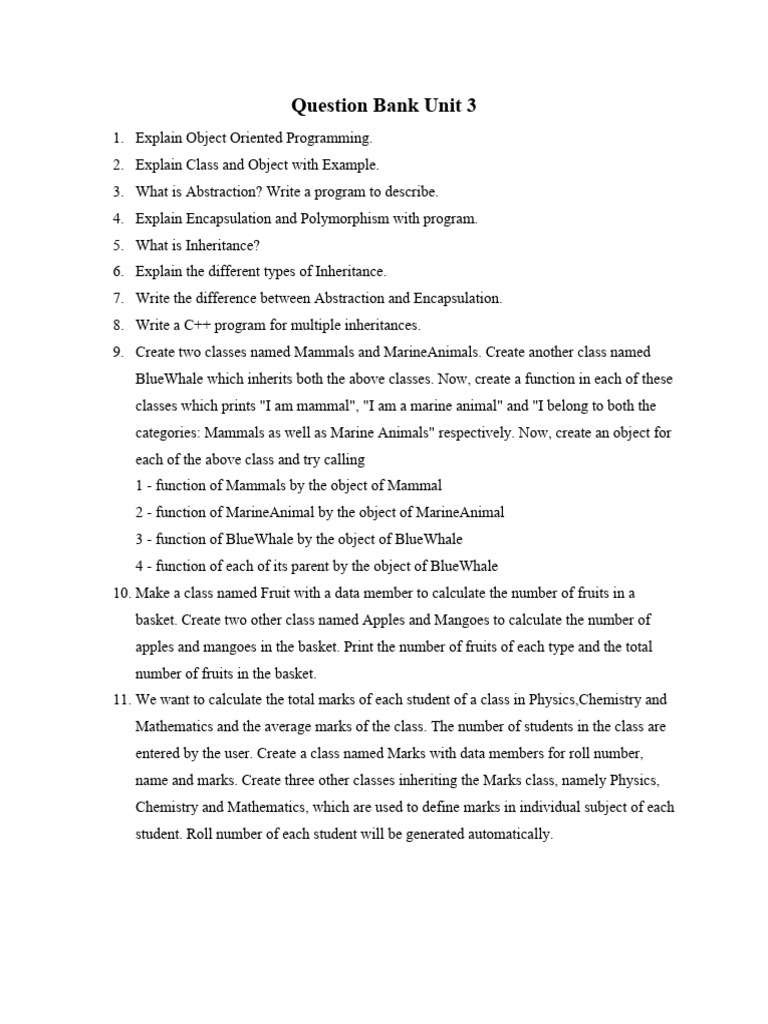 Question Bank Unit 3 and 4 | PDF | Class (Computer Programming) | C++