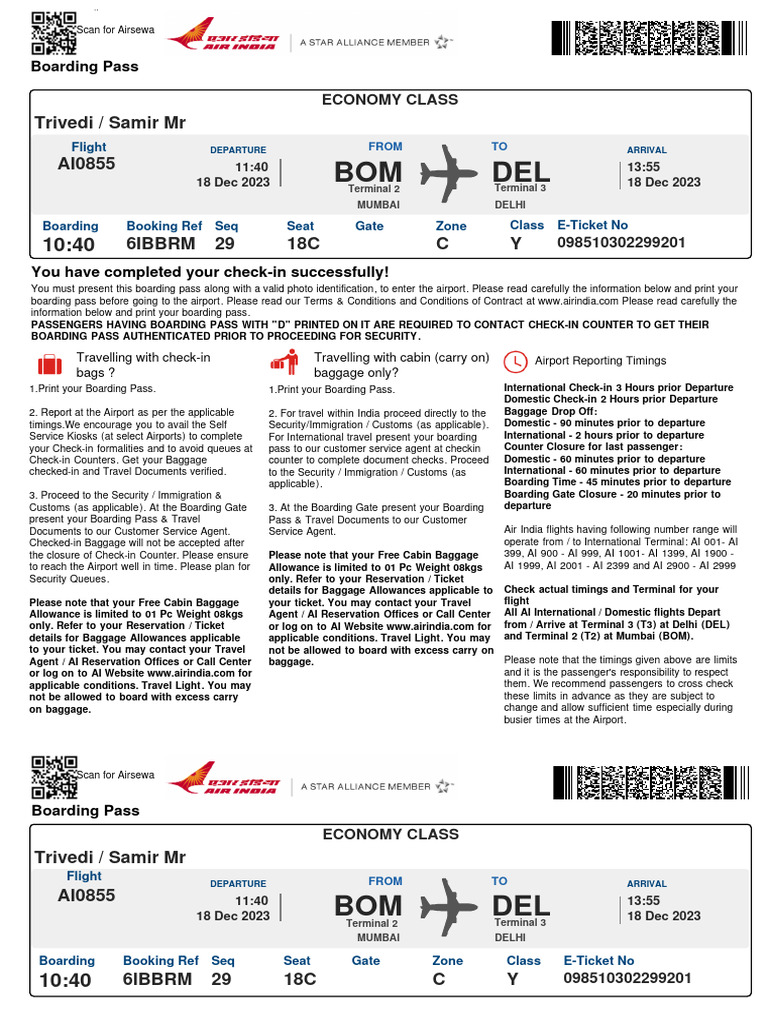 Air India Boarding Pass Example | PDF | Aviation | Transport