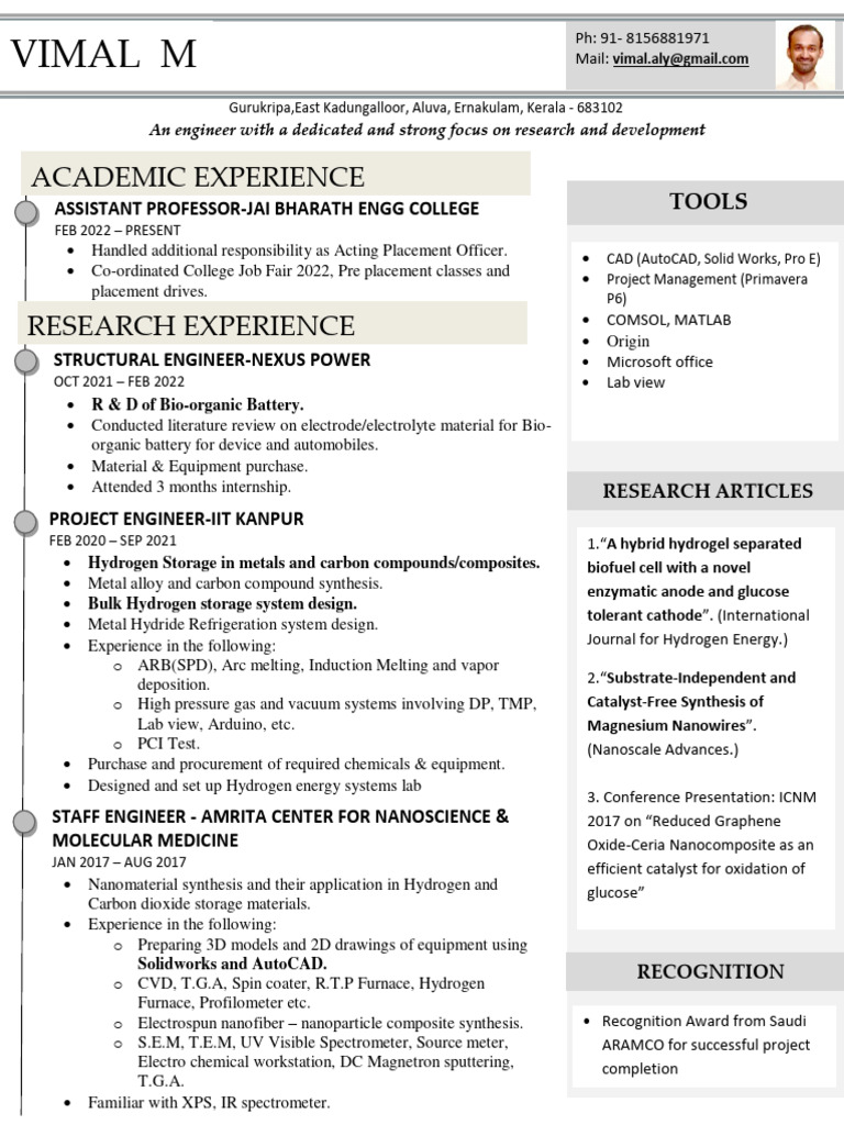 Vimal - CV - 14062022 | PDF | Hydrogen | Nanomaterials