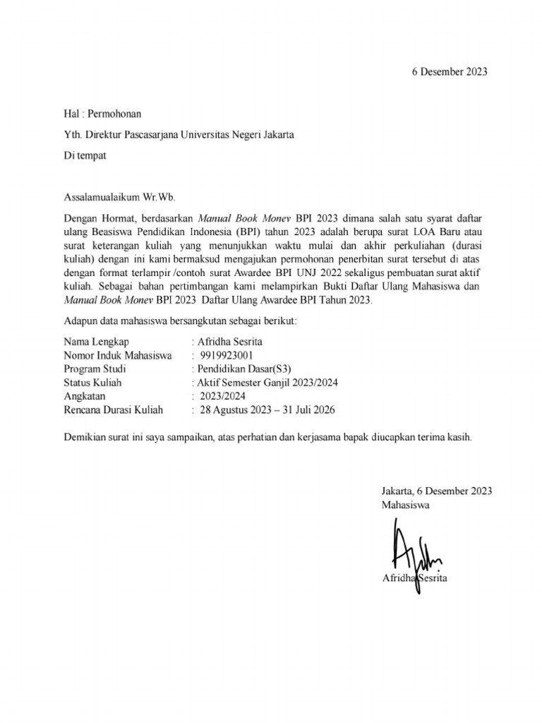 Surat Permohonan Loa (Baru) - Surat Keterangan Aktif Kuliah Afridha | PDF