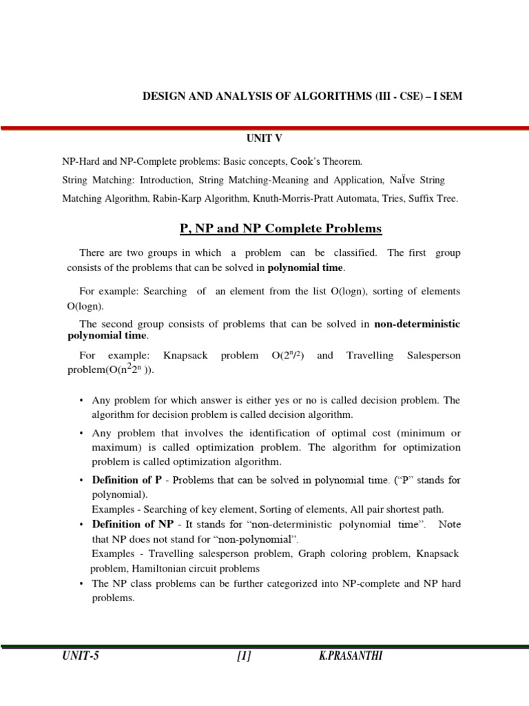 Daa Unit 5 Pdf Time Complexity Computational Complexity Theory 