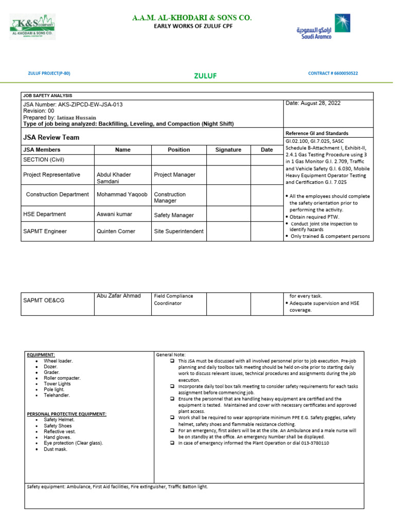 JSA Backfilling, Leveling, (Night Shift) | PDF | Lightning | Personal Protective Equipment
