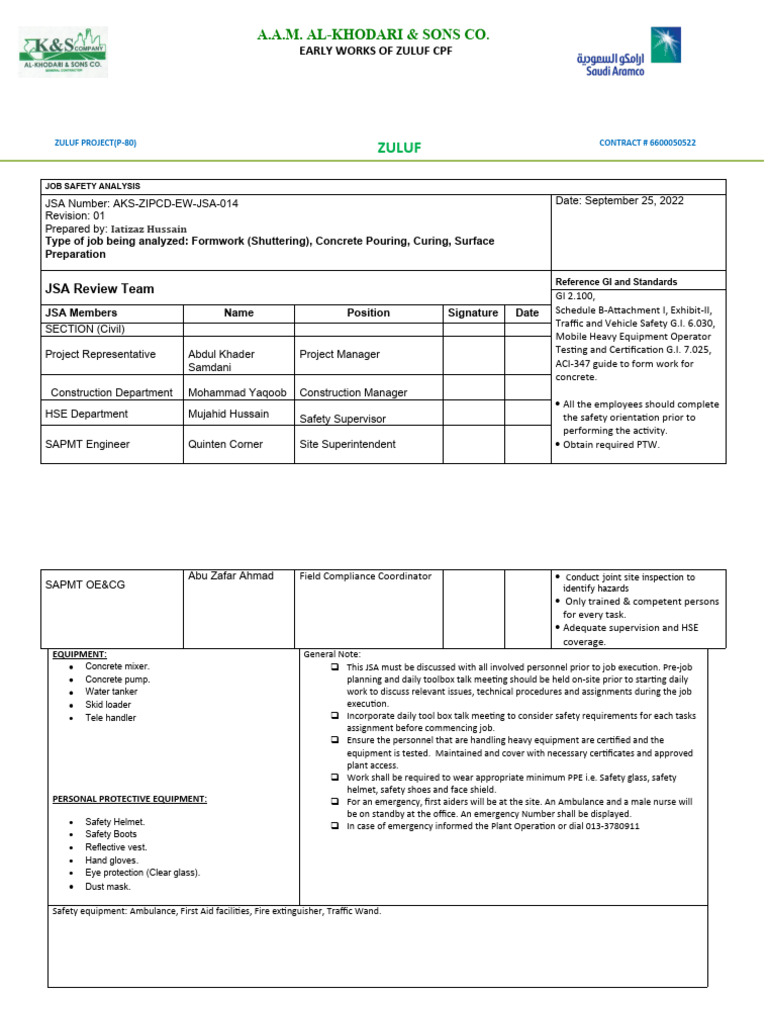 JSA Formwork (Shuttering), Concrete Pouring, Curing, Surface Preparation | PDF | Personal ...