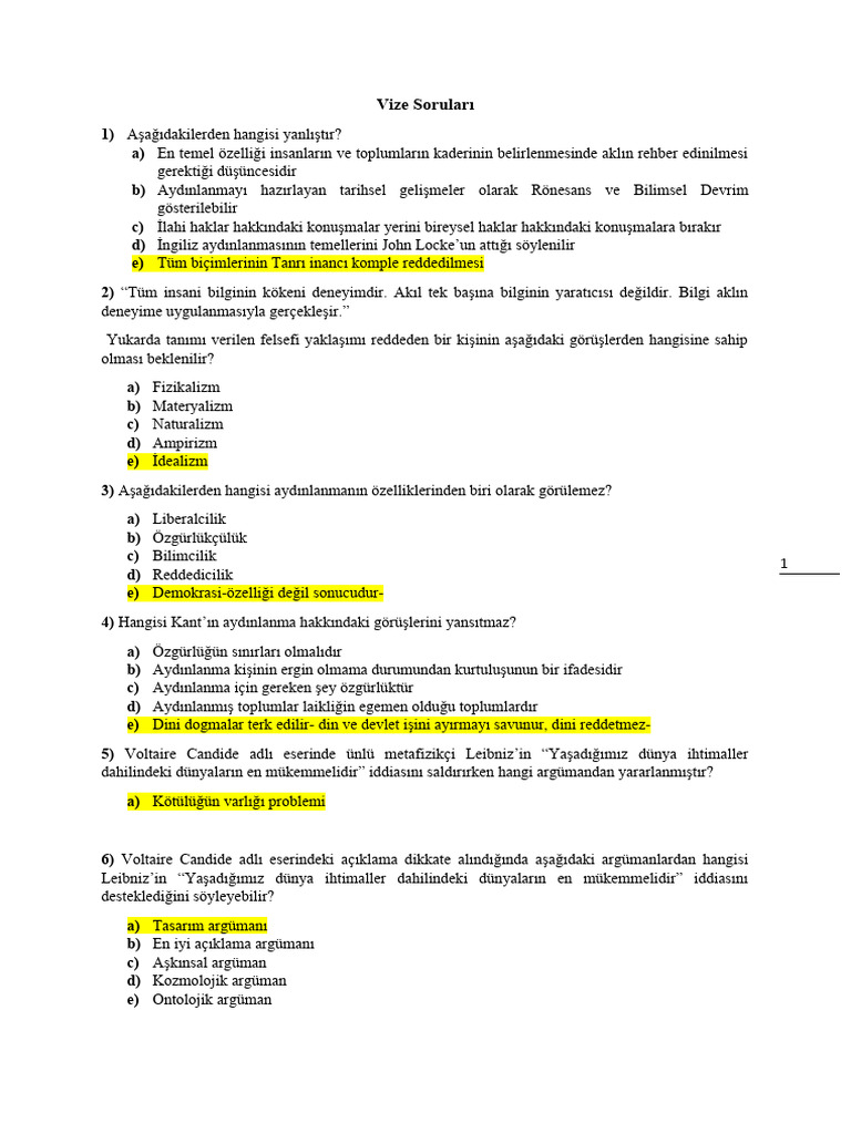 Aydınlanma Felsefesi Vize Soruları | PDF