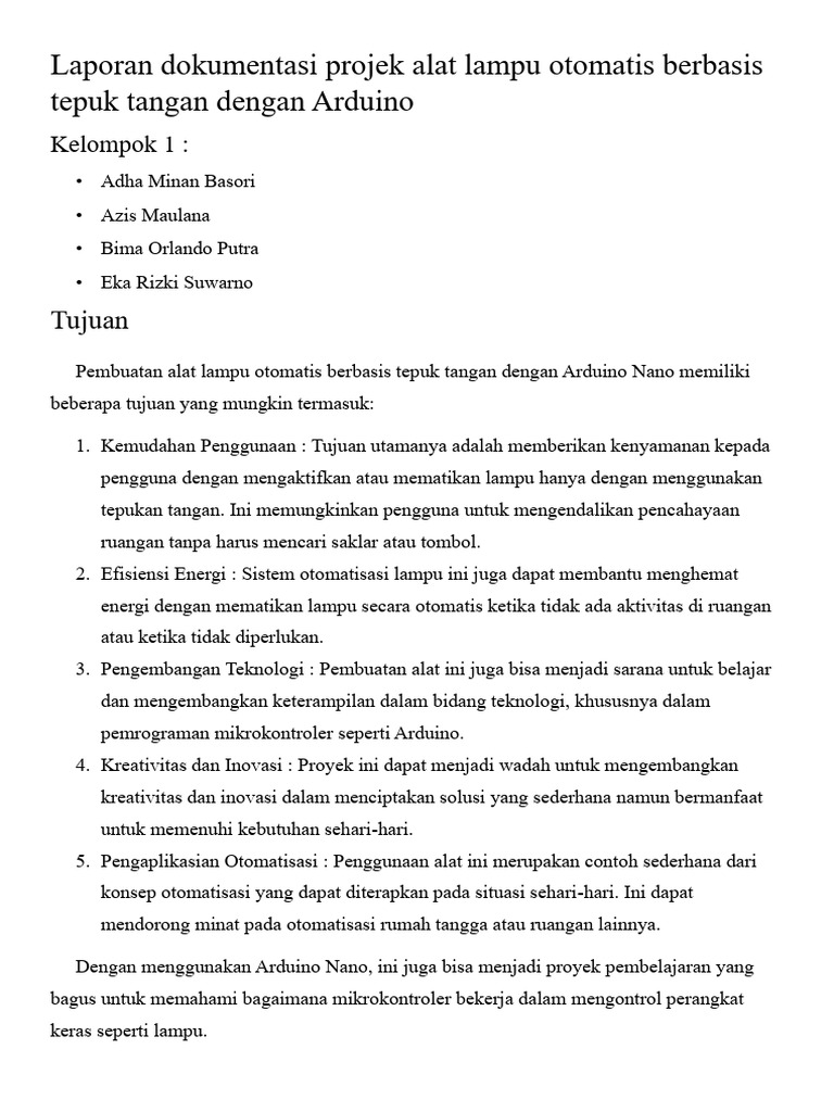 Laporan Dokumentasi Projek Alat Lampu Otomatis Berbasis Tepuk Tangan ...