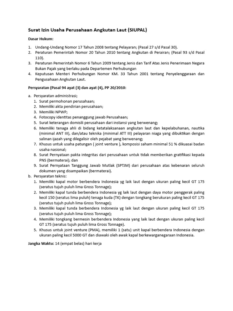 Persyaratan Surat Izin Usaha Perusahaan Angkutan Laut (SIUPAL) | PDF