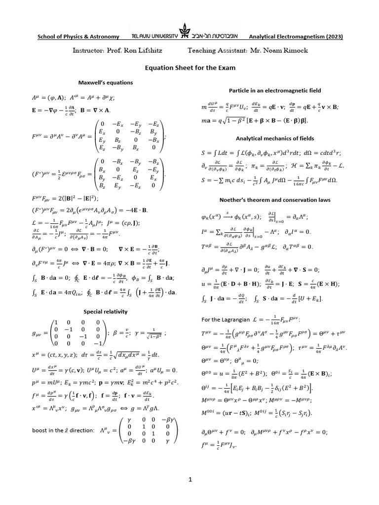 Analytical EM - Equation Sheet | PDF | Classical Mechanics | Physics
