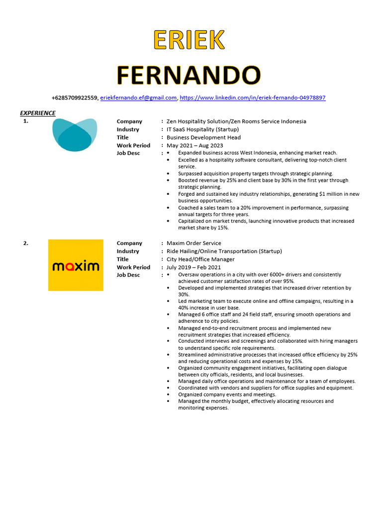 Resume Eriek Fernando | PDF | Employee Retention | Sales