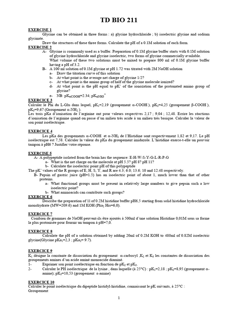 TD BIO 211 2023-2024 | PDF | Amino Acid | Active Site