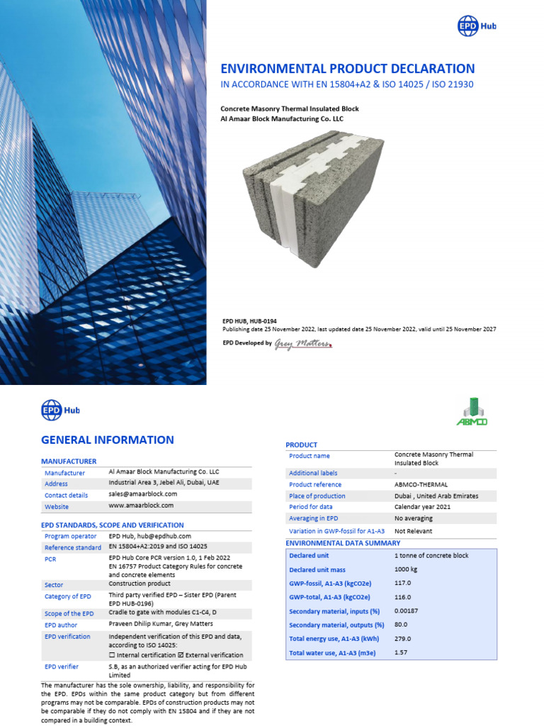 Al Amaar Block Thermal Insulation EPD | PDF | Life Cycle Assessment ...