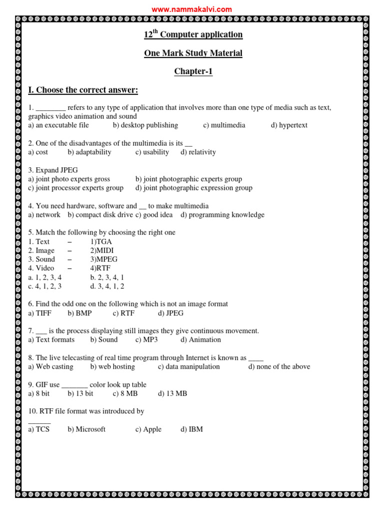 Namma Kalvi 12th Computer Application One Mark Question Bank EM 221405 ...
