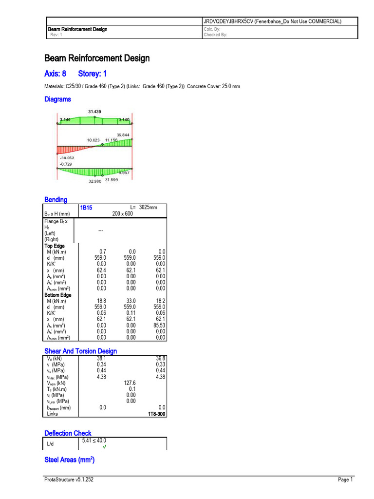 Beam Reinforcement Design: Axis: 8 Storey: 1 | PDF | Beam (Structure) | Structural Engineering