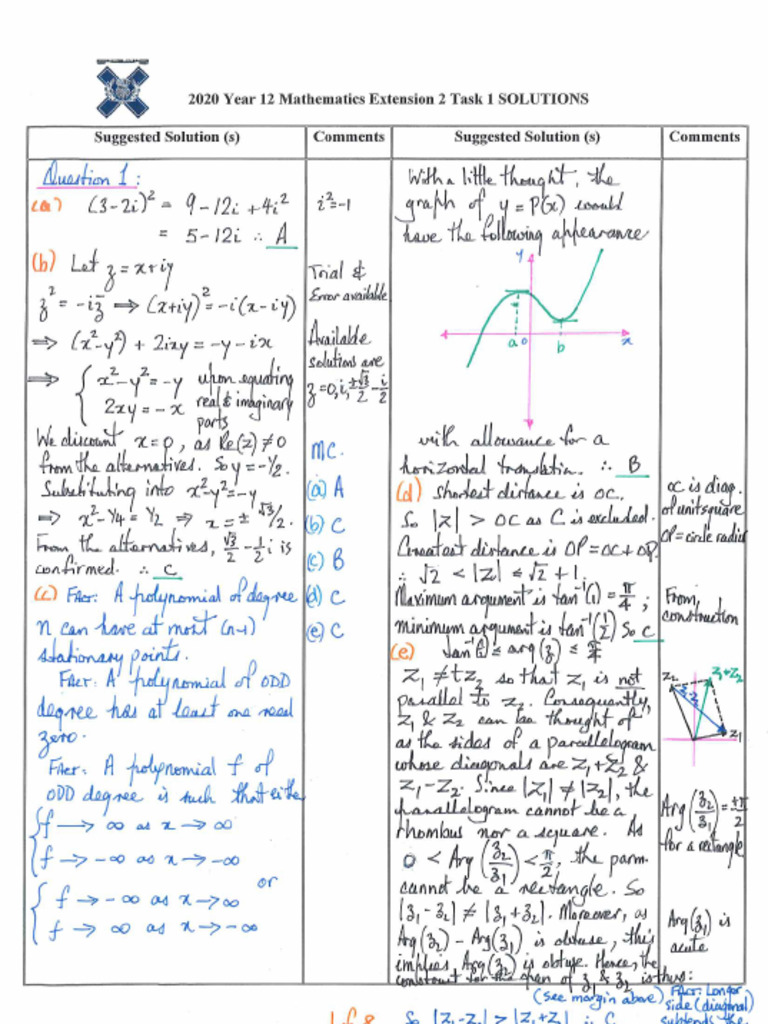 2020 Yr 12 Mathematics Extension 2 Task 1 Solutions | PDF